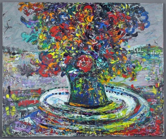 Charles Melohs | a vase of flowers in a landscape | MutualArt