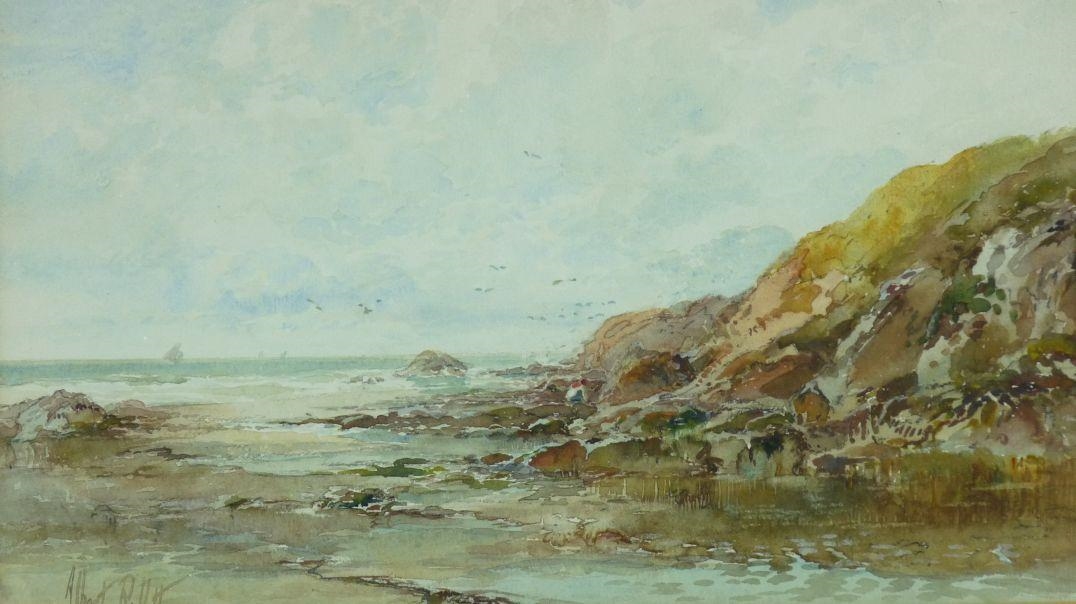 Albert Pollitt | Rocky coastal cove with distant boats (1912) | MutualArt