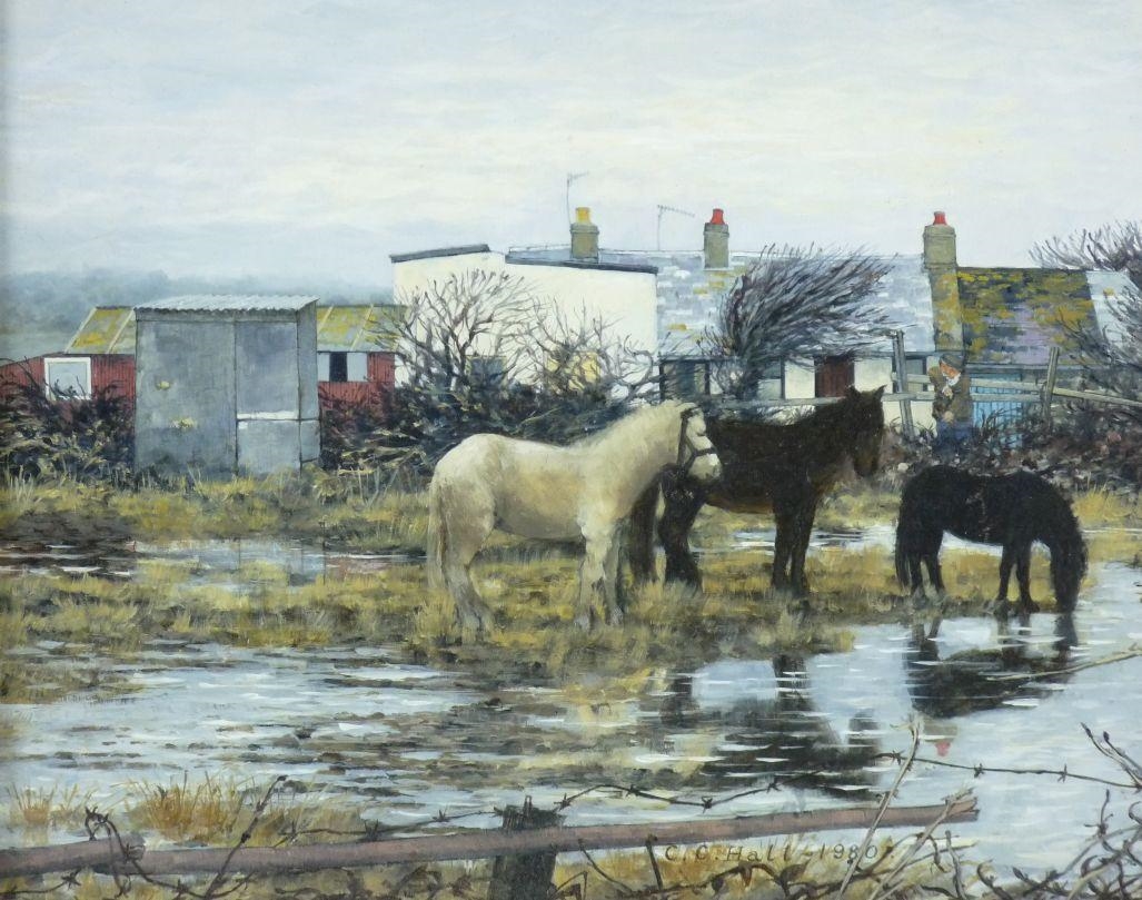 Christopher Compton‏ Hall | Three ponies by cottages on Anglesey (1980 ...
