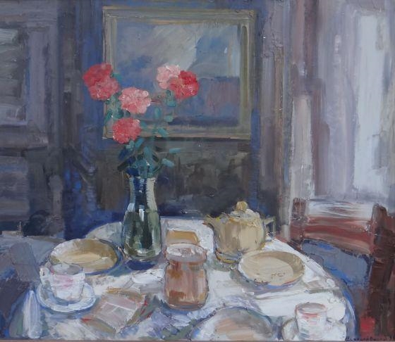 Leonard Beard | Interior with table laid for tea with flowers (1993 ...