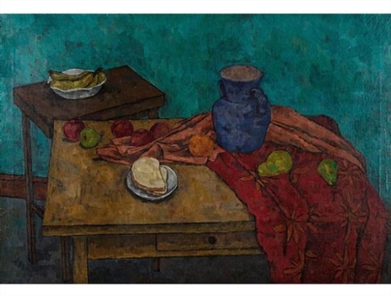 Alexis Preller | Bread, Fruit and a Blue Jug on a Table | MutualArt