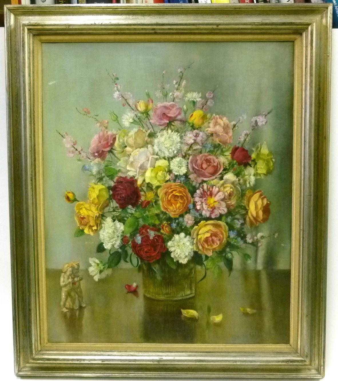 M. Wilson | Still life of a vase of flowers with cherubs | MutualArt