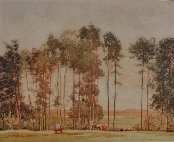 George Graham Graham | Cattle Grazing Beneath Tall Trees (1916) | MutualArt