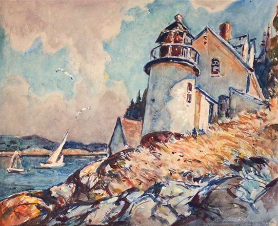 William Lester Stevens | Harbor Scene with Lighthouse | MutualArt