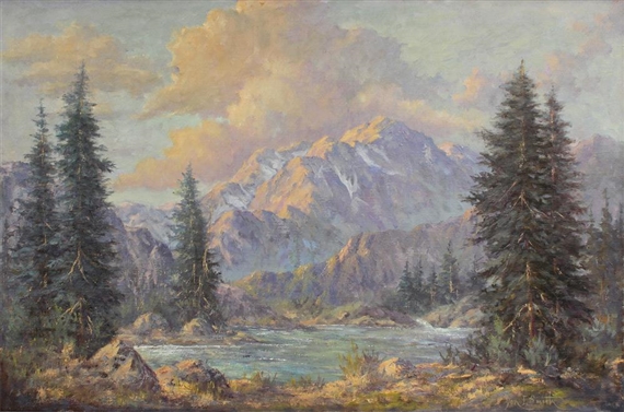 Donald H. Smith | Western Lakeside Landscape with Snow Capped Mountains ...