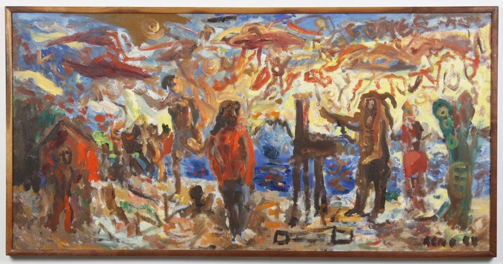 Joe Reno | Colorful beach scene with figures and ocean in distance ...