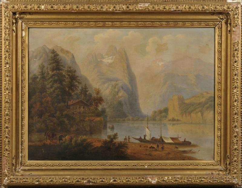 H. Baumgartner | Mountain Lake with Cabin and Sailing Vessels | MutualArt
