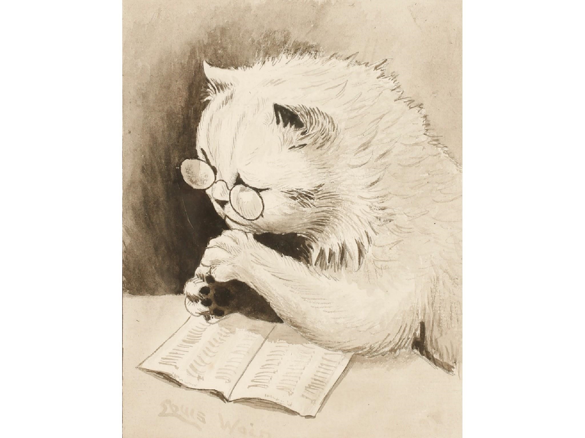 Louis Wain | A study of a cat wearing spectacles and inspecting papers ...