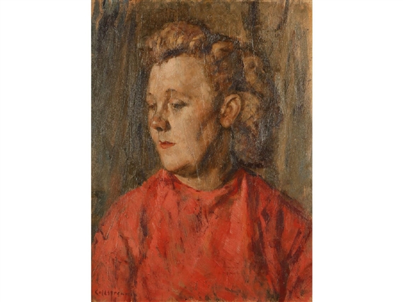 Sir William Coldstream | A shoulder-length portrait of a lady with her ...