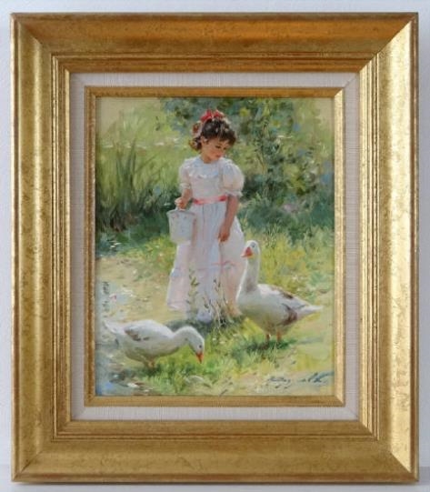 Konstantin Razumov | Little girl with geese by a pond | MutualArt