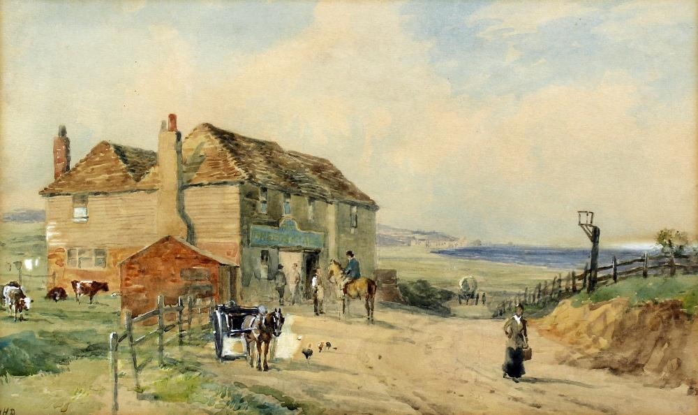 William Henry Borrow | 3 works; Coastal landscape with figures outside ...