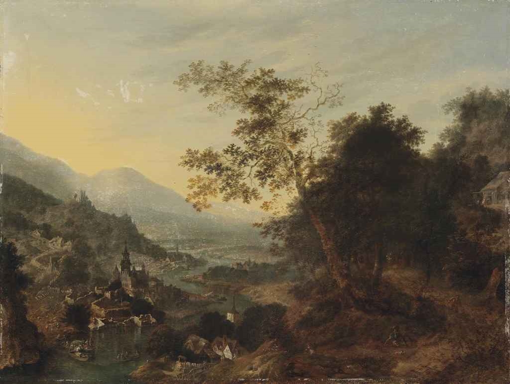Jan Griffier I | A Rhenish river landscape with travellers on a path ...
