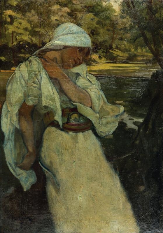Alphonse Mucha | Thoughtful girl in landscape with river (1919) | MutualArt