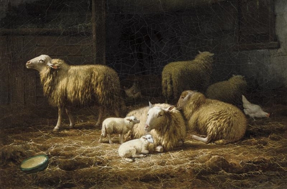 Eugène RémyMaes | Sheep and chickens in a stable interior | MutualArt