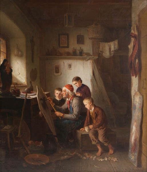 August Niedmann | Grandfather making a kite for his grandchildren ...
