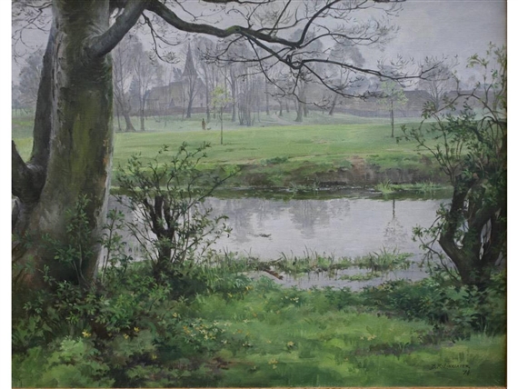 Barrie R. Linklater | A river in a park, a church beyond (1974) | MutualArt