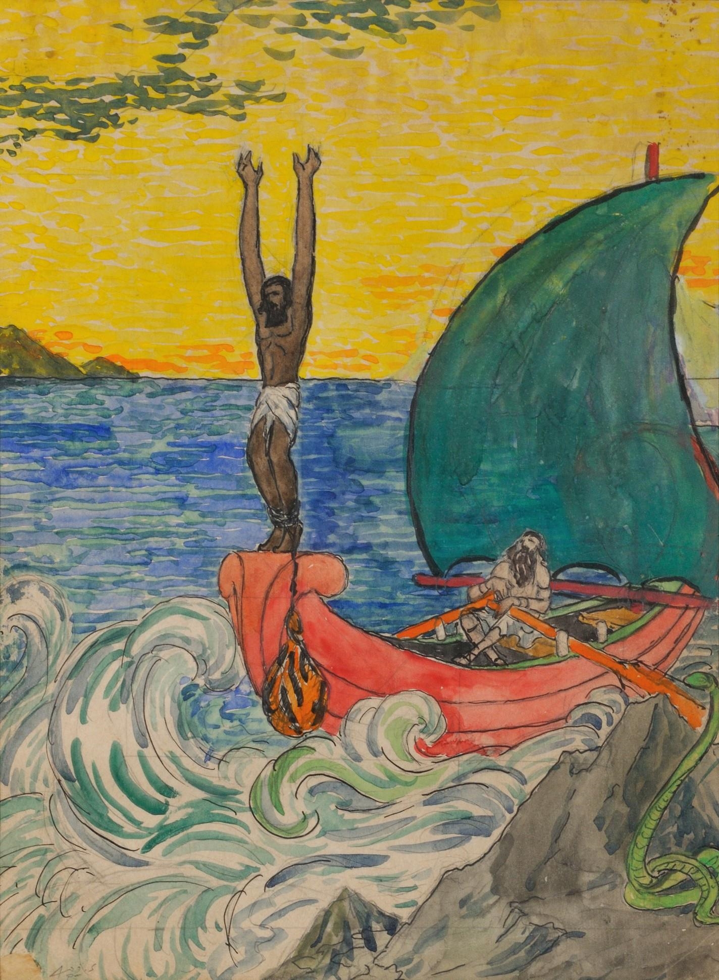 Ze'ev Raban | 2 works; ship capsized at sea; dark, bearded, man ...