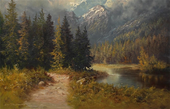 J.H. Thomas | ALPINE RIVER LANDSCAPE PAINTING | MutualArt