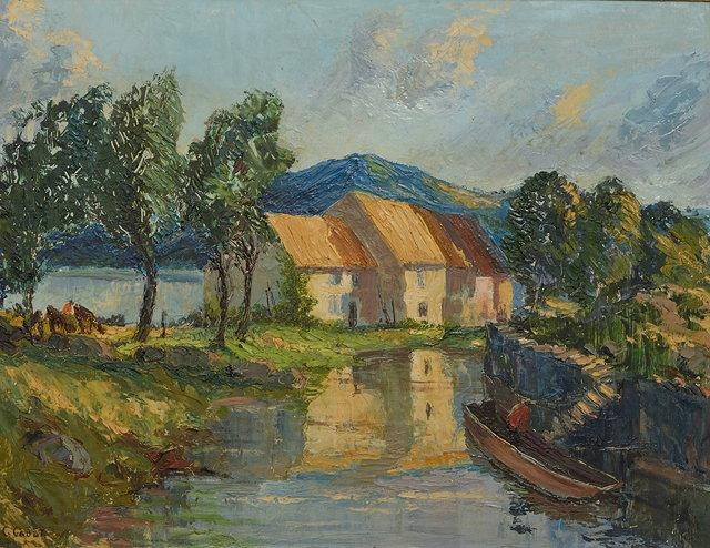 George Gault | Lake scene with cottages and boat, probably Ireland ...
