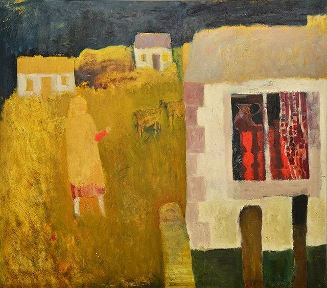 Mary Newcomb | Village with a figure and goats (1963) | MutualArt