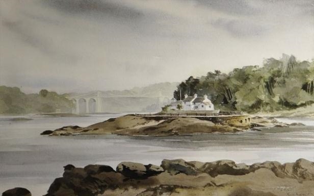 Keith Andrew | Menai Straits with suspension bridge (1978) | MutualArt
