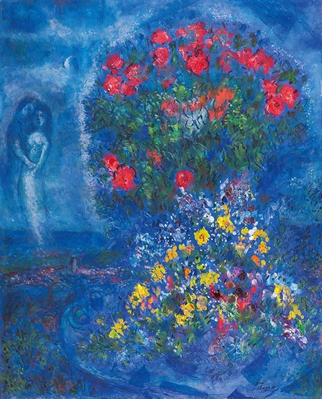 Marc Chagall | Bouquets rouge et jaune sur fond bleu (1975 - 1976 ...