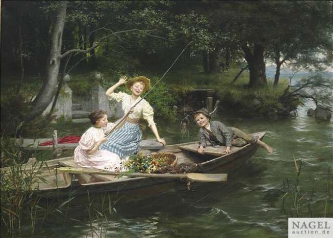 Marie Wunsch | Three Children in a Punt Fishing an Old Shoe | MutualArt