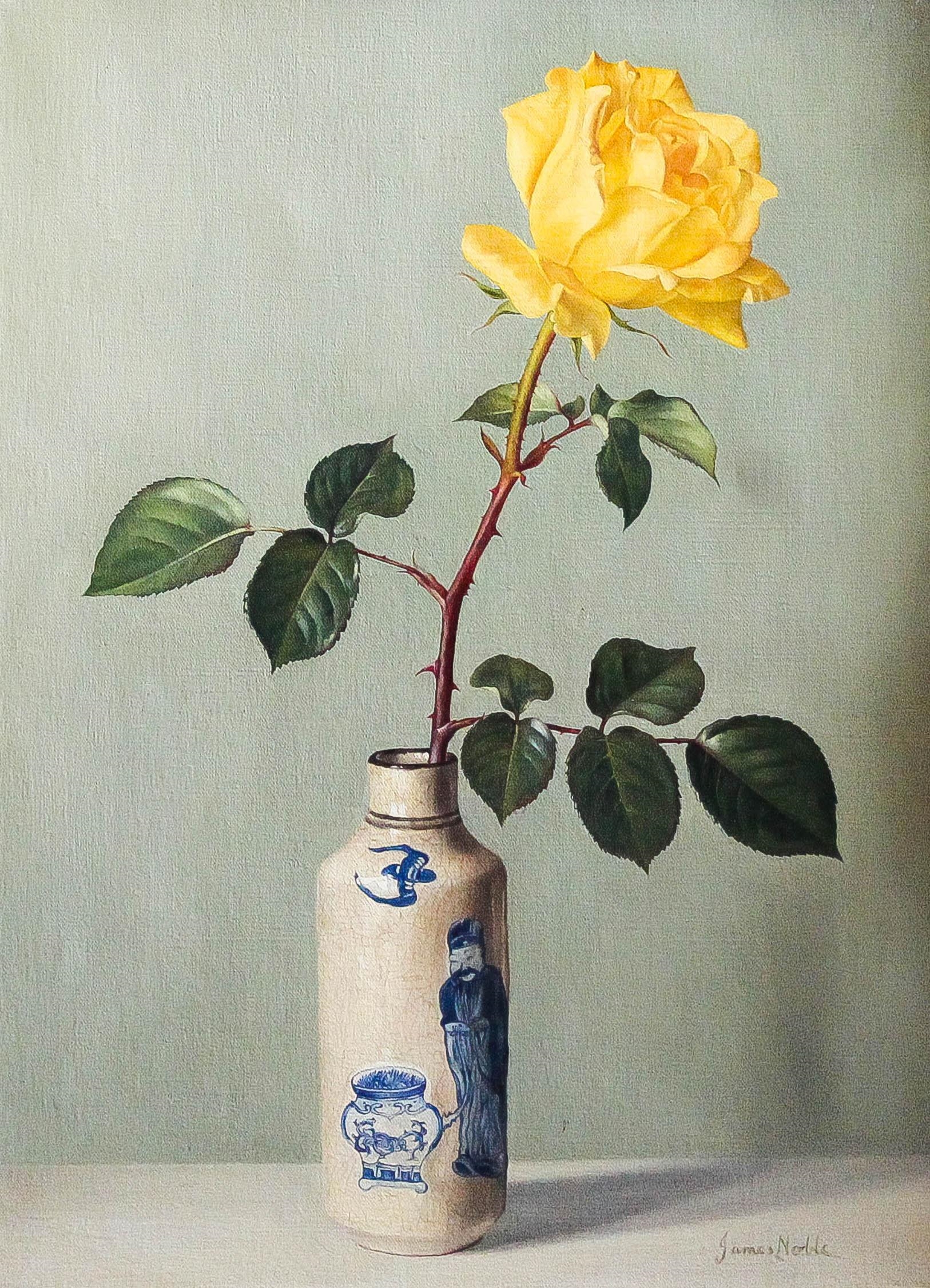 James Noble | Still life - Chinese vase with single yellow rose | MutualArt