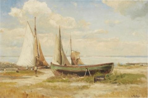 Gustaf Rydberg | Strandparti med fiskebåtar, studie från Hven | MutualArt