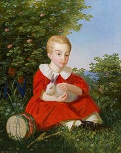 Joseph Weidner | Boy with a pygmy rabbit in his arms (1859) | MutualArt