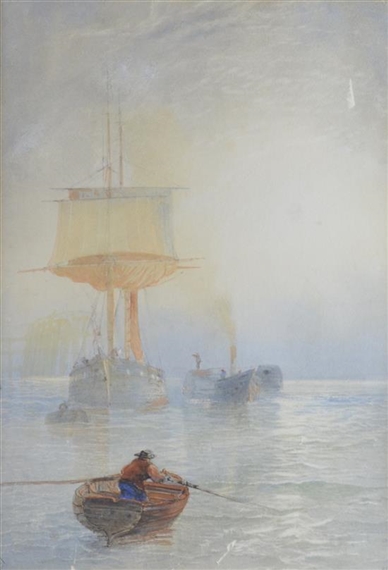 George William Whitaker | figure in a rowing boat heading towards ships ...