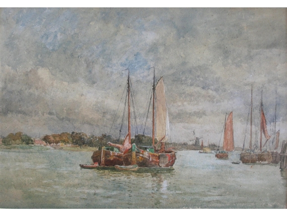 Edward Angelo Goodall | Sailing barges on a dutch river | MutualArt