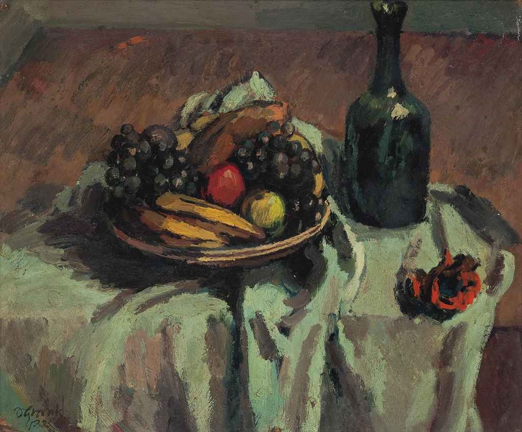 Duncan Grant | Still life of Fruit and Wine Bottle on a Table | MutualArt