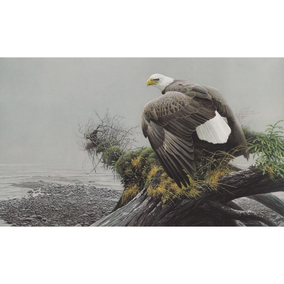 Robert McLellan Bateman | BALD EAGLE ON TREE LIMB BY A SHORELINE | MutualArt