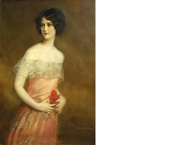 Tadé Styka | A portrait of a lady in a rose-colored gown | MutualArt