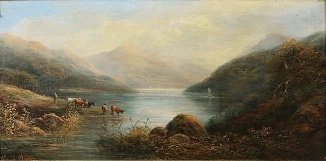 Edwin Buttery | Drover with cattle at a mountainous loch | MutualArt