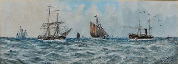 E. Adams | A variety of sailing ships at sea | MutualArt