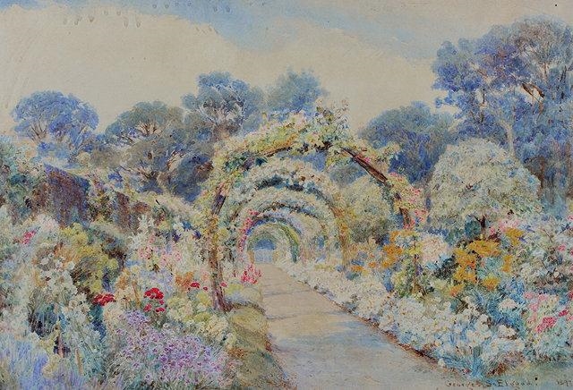 George Samuel Elgood | A summer garden with rose arbor (1897) | MutualArt