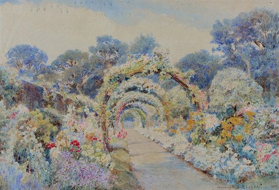 George Samuel Elgood | A summer garden with rose arbor (1897) | MutualArt