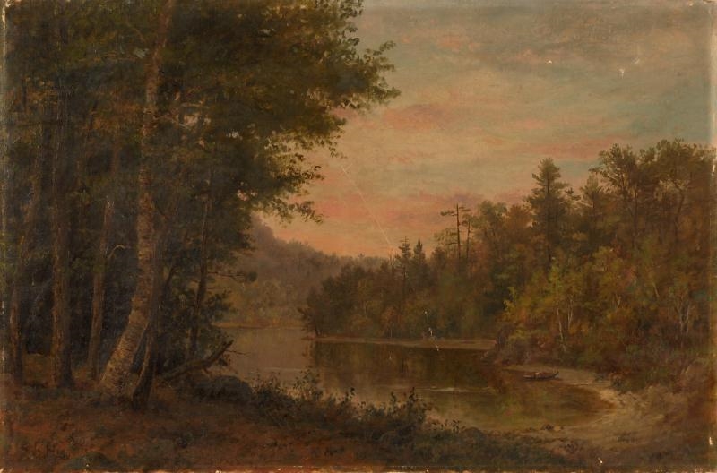 George Frank Higgins | Dusk Scene of a Lake and Canoe | MutualArt
