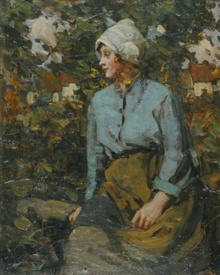 William Lee-Hankey | Country Girl with Farm Buildings in the Distance ...