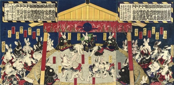 Utagawa Yoshifuji | A triptych depicting Sumo usagi, Rabbit sumo (Circa ...