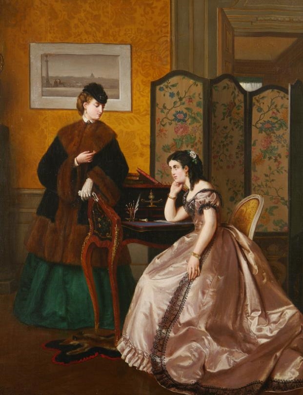 Henri Jean Baptiste Jolly | Two Ladies in a Drawing Room (1850) | MutualArt