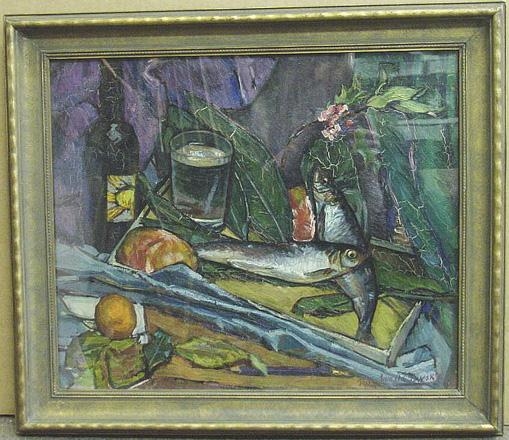 Sam Ostrowsky | STILL LIFE SARDINES, WINE AND FRUIT UPON A TABLE ...