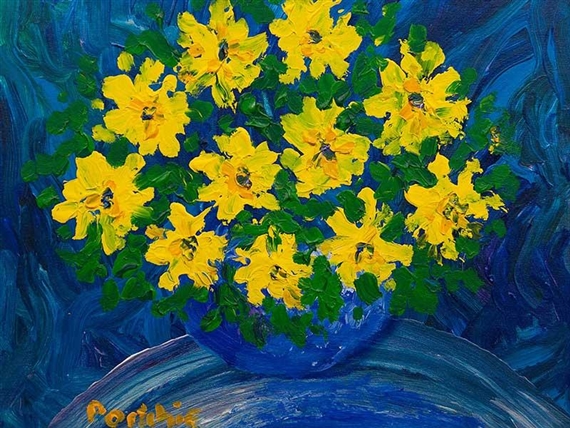 Portchie | Still Life Flowers in a Blue Vase | MutualArt