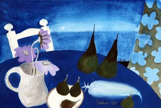 Mary Fedden | Table top still life with figs and flowers in a jug (1999 ...
