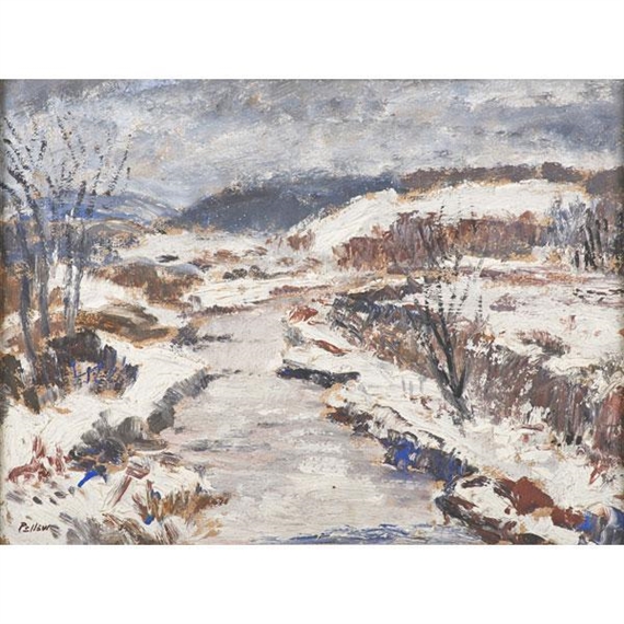 John C. Pellew | Riverscape, with beach scene and driftwood | MutualArt