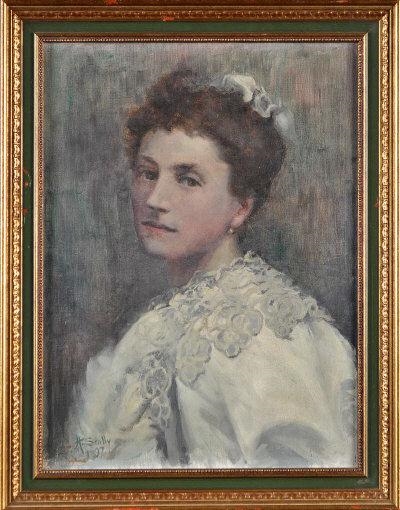 Harry Scully | A BUST PORTRAIT OF A WOMAN WEARING A WHITE LACE-TRIMMED ...