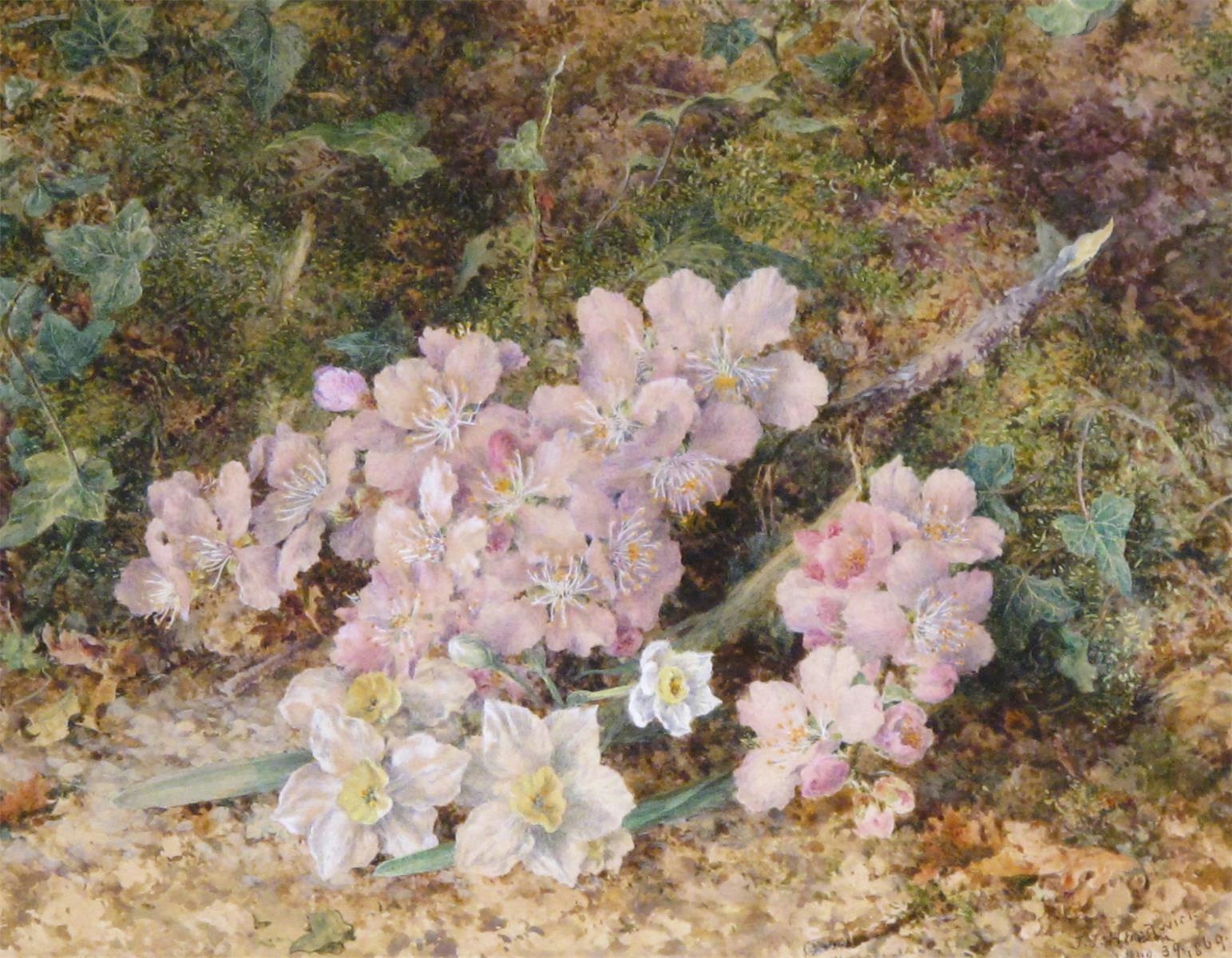 John Jessop Hardwick | Apple blossom and narcissi on a mossy bank (1869 ...