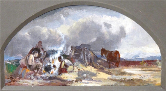 Frederick Weekes | Figures round a camp on the coast | MutualArt